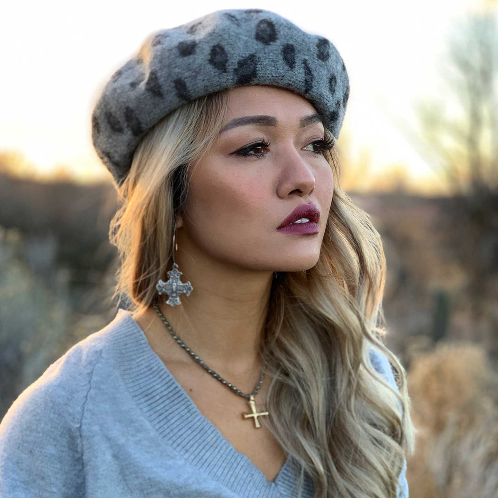 Corinne Leopard Beret (Gray)